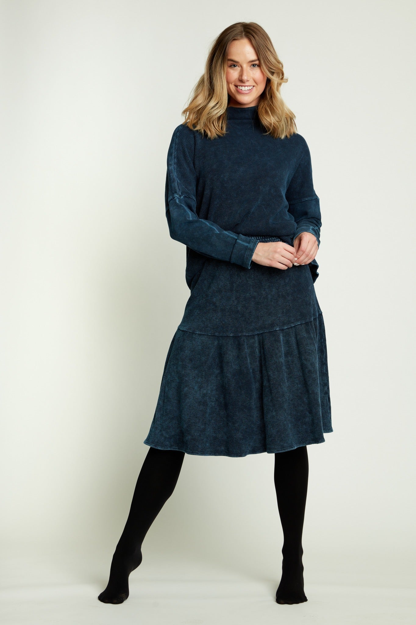 Navy Denim Waffle Knit Turtleneck Washed Top – The Runway Company
