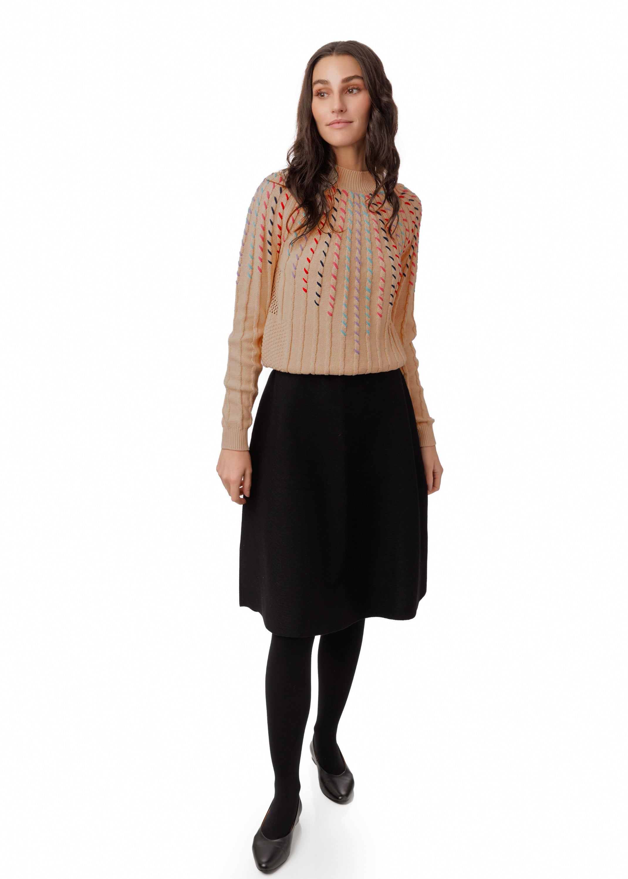 Cable Knit Top With Multi Colored Stitching - Tan – The Runway Company