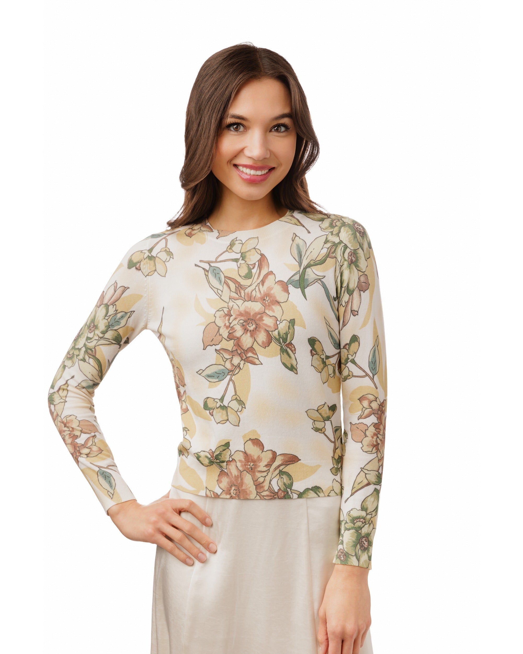 Beige Floral Ivory Knit Top – The Runway Company