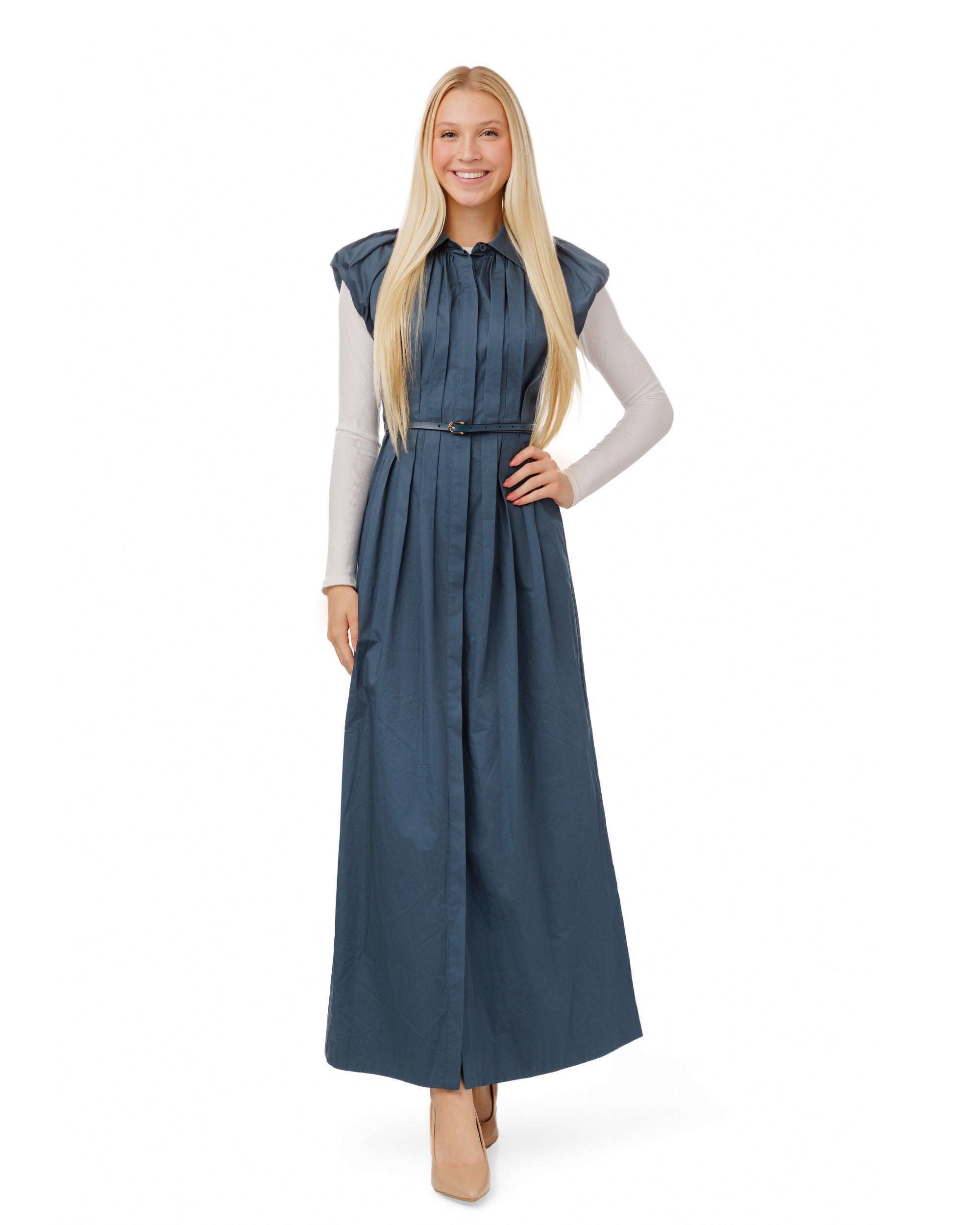 Navy Pleated Jumper With Belt – The Runway Company